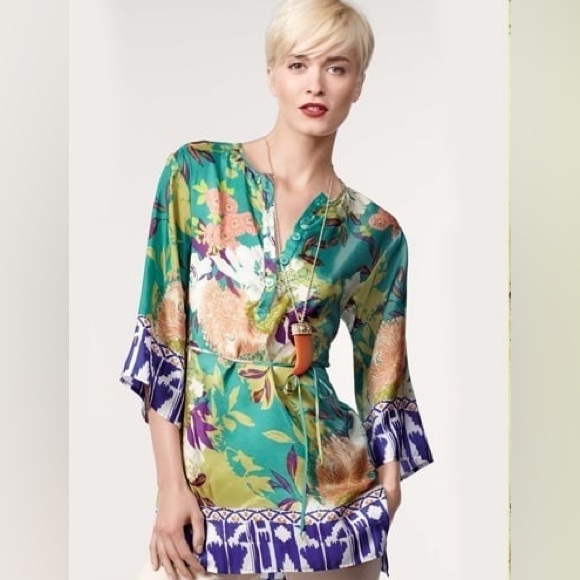 Tops | Cabi 10 Silk Floral Tunic Turquoise Blouse Size Xs | Poshmark